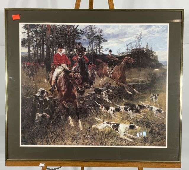 Hunt club, fox hunt print, framed and matted, 32x28 - Hash Auctions