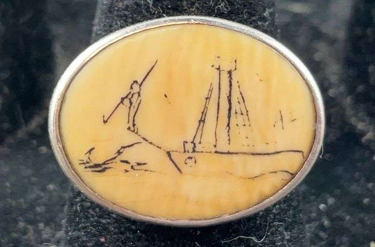 Sterling silver scrimshaw ship ring size 6, 8.26g seller code BZ - Hash ...