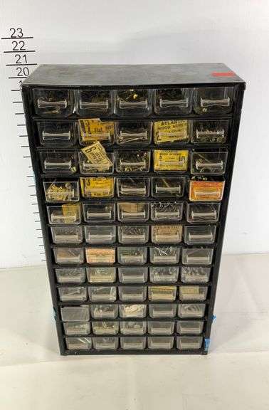 Metal hardware bin with 60 drawers of screws - Hash Auctions