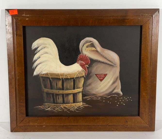 Framed and signed rooster painting on canvas, 24x21”, loose in frame ...