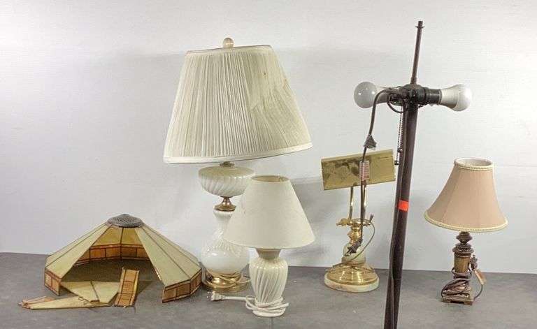 5 Lamps, 1 is a Floor Lamp, some in worn condition, & 1 Stained Glass ...
