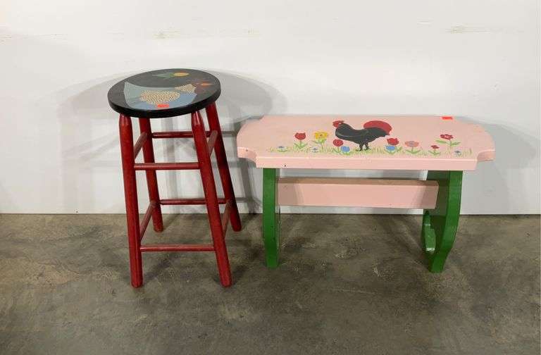 (2 pc) Hand painted stool and bench, chicken and rooster, stool is 24in ...