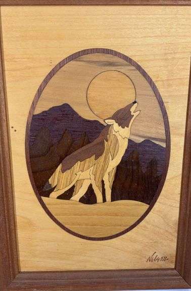 Two inlaid wood wall hangings, Howling wolf Hudson River Inlay and ...