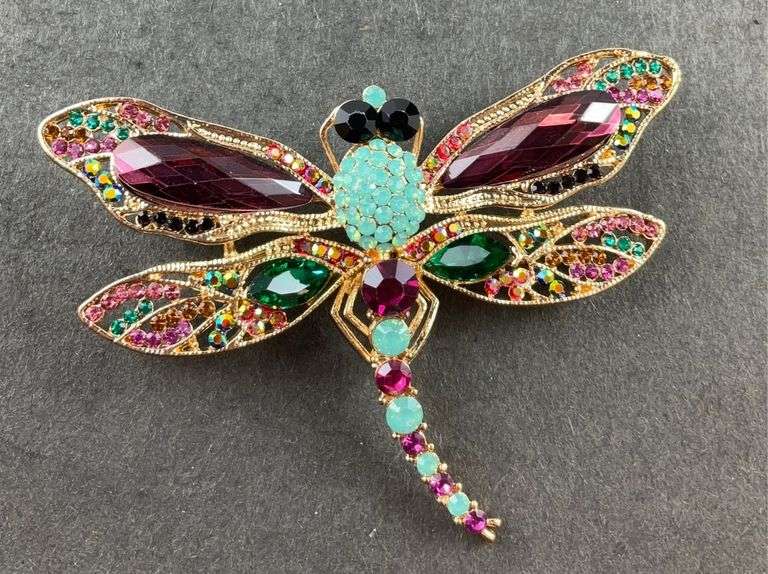 Multi color Austrian crystal simulated ruby and simulated emerald chroma goldtone dragonfly ...