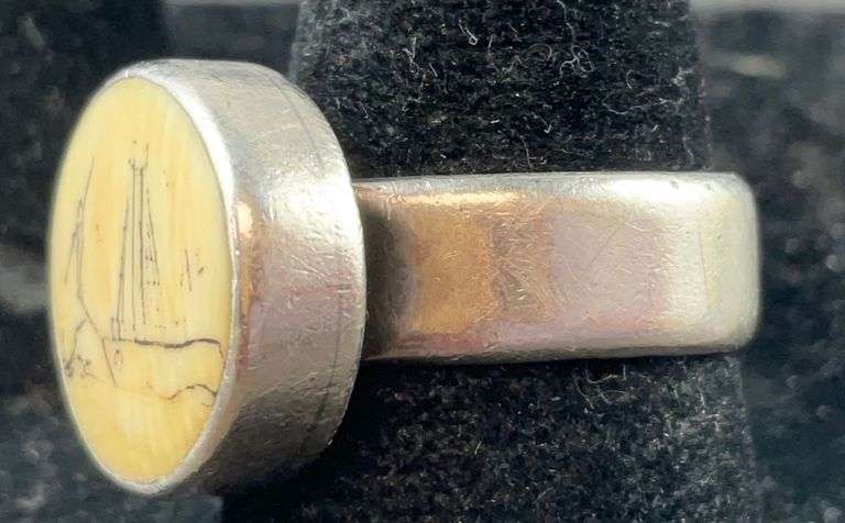 Sterling silver scrimshaw ship ring size 6, 8.26g seller code BZ - Hash ...