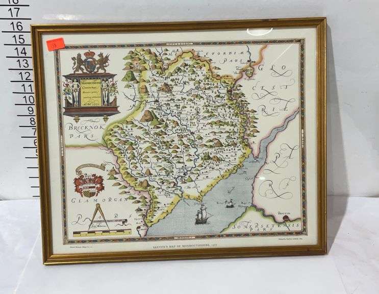 SAXTON'S MAP OF MONMOUTHSHIRE, 1577 framed, 21.5 X 18 inches. - Hash ...