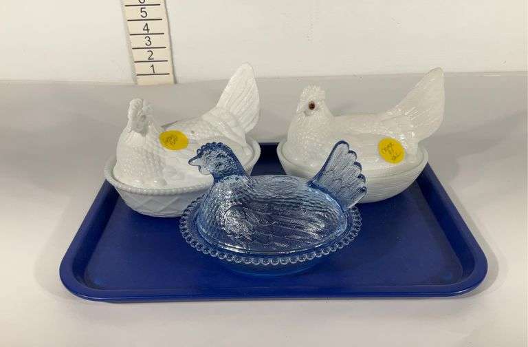 Glassware, three nesting hens, two milk glass (one has factory flaw and ...