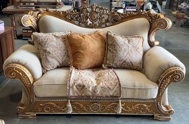 Very fancy, ornate sofa, two cushions, 80in wide, - Hash Auctions