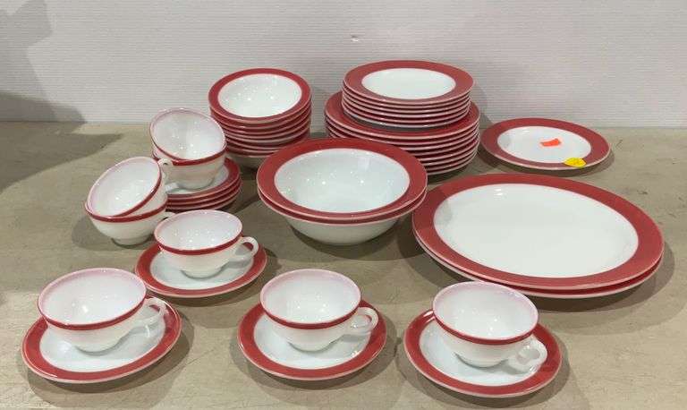Two boxes: Set of red rimmed Pyrex milk glass dinnerware, 43 pieces ...