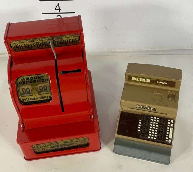 Uncle Sams coin bank and R.C. Allen 1958 metal paperweight - Hash Auctions