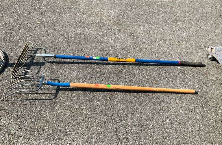 Two Tools lot, 5-Tine pitch fork, Kodiak Garden Rake with fiberglass ...