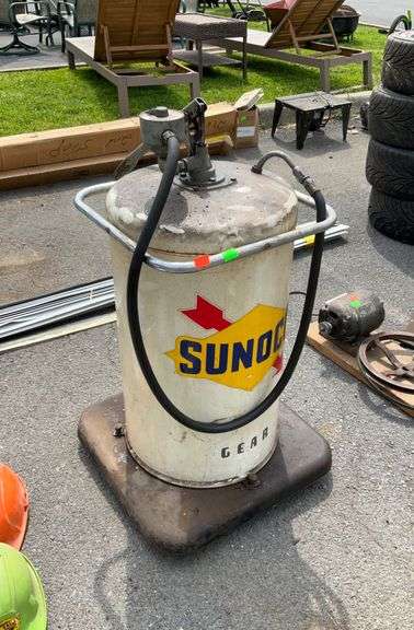 Sunoco Gear oil Dispenser Barrel on rolling stand with hand pump - Hash ...