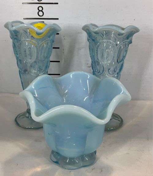 Blue glassware, pair of moon and stars bud vases and opalescent vase ...