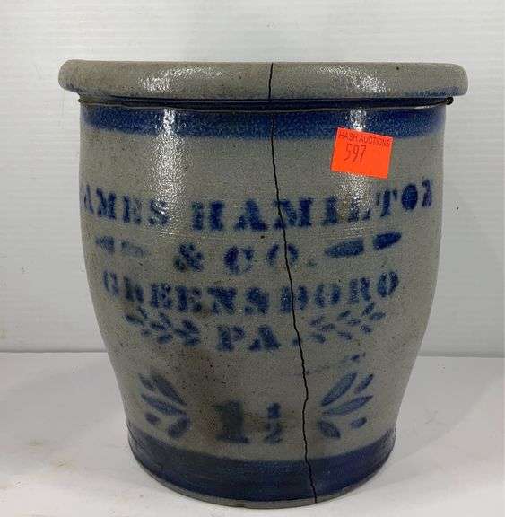 James Hamilton & Co. 1.5 gallon stoneware crock, has major crack - Hash ...