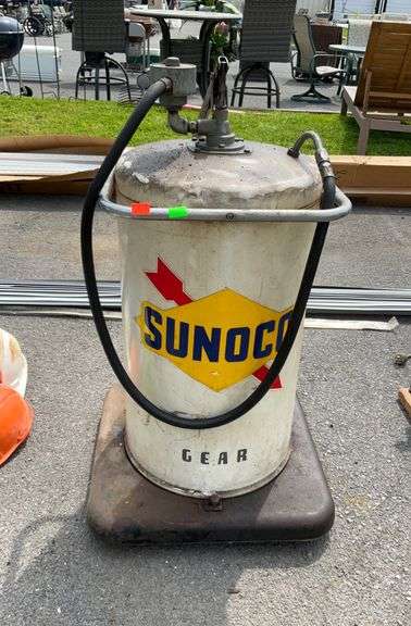 Sunoco Gear oil Dispenser Barrel on rolling stand with hand pump - Hash ...