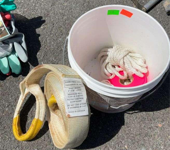Nylon tow pull 2”x20’ long, some pink surveyor ribbon, small amount of ...