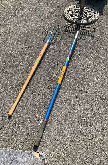 Two Tools lot, 5-Tine pitch fork, Kodiak Garden Rake with fiberglass ...