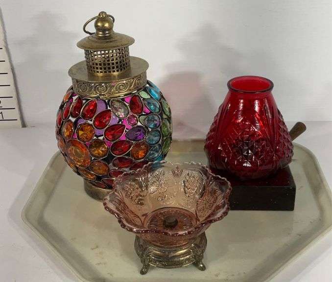 Home decor, includes hanging lantern, pink depression glass bowl on ...