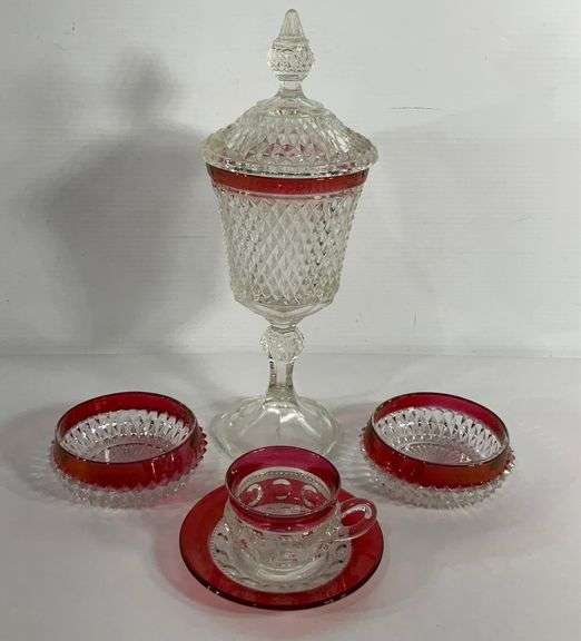 Ruby flashed glassware, one Kings Crown pattern cup and saucer, etc ...