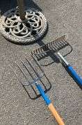 Two Tools lot, 5-Tine pitch fork, Kodiak Garden Rake with fiberglass ...