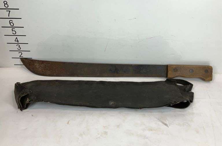 Sheffield English machete with leather sheath, 18” blade, shows rust ...