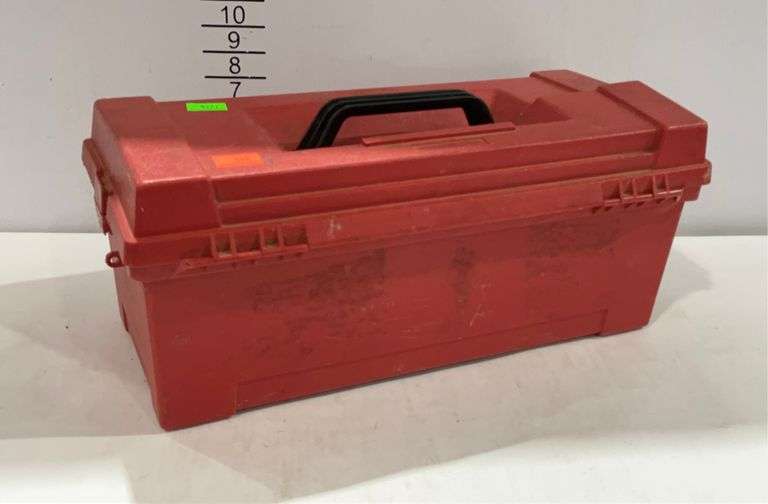 Plano Red poly toolbox and contents. Sockets, bits, knife, caulk gun ...