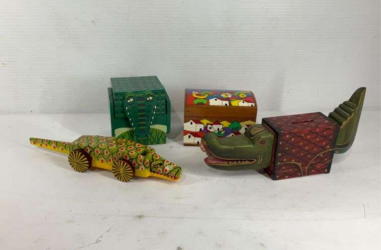 Wooden decor boxes, chomping alligator roller toy, and alligator coin ...