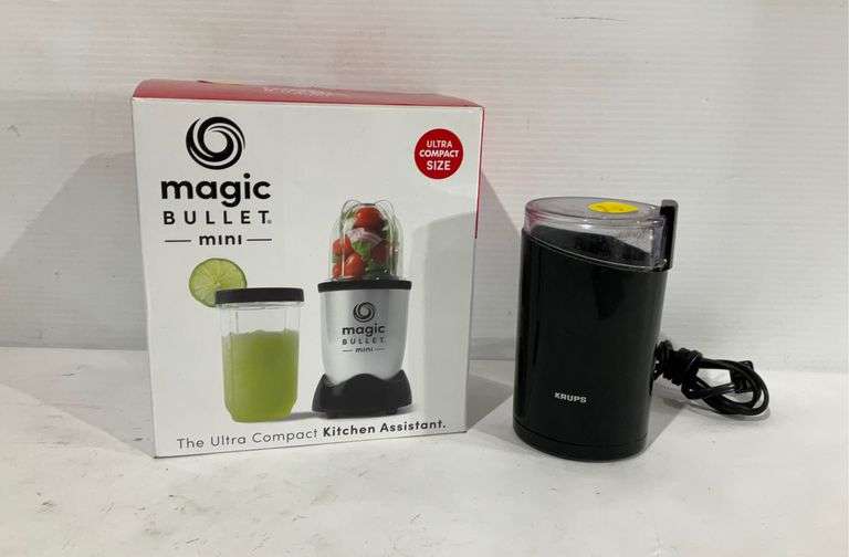 Mini Magic Bullet blender and KRUPS electric coffee mill, both power on ...