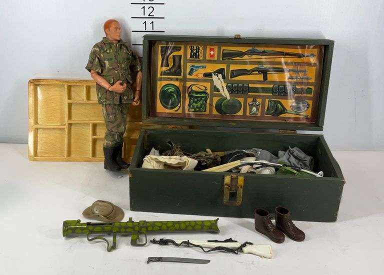 GI Joe action figure with accessories and wooden GI Joe box - Hash Auctions