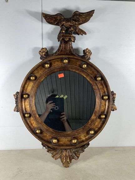 Ornately Framed Round Mirror w/ Eagle Decor 36 1/2”x2’ - Hash Auctions