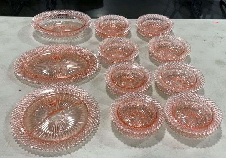 Pink depression glass, 19 pieces of English hobnail pattern, includes ...