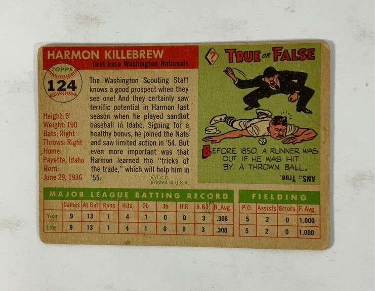 1955 Topps Harmon Killebrew Rookie #124 Washington Senators - Hash Auctions