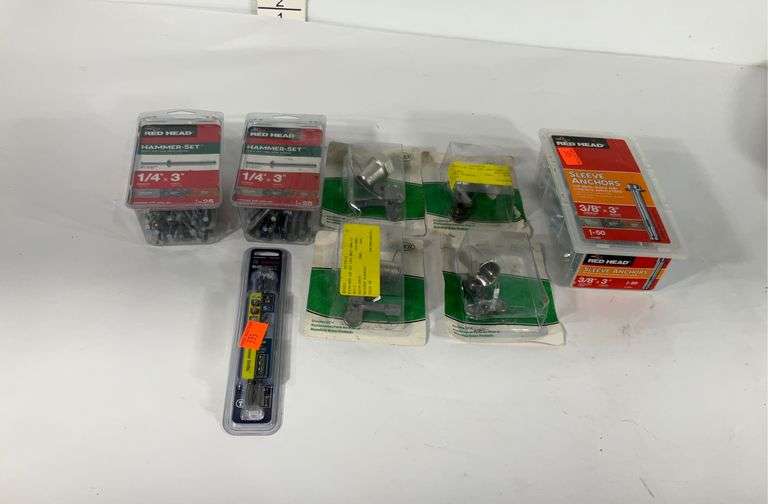 Hardware, includes hammer-set 1/4”x3” nail drive anchors, hammer drill ...