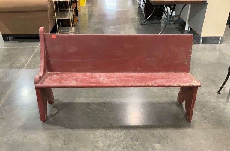 Pew style bench, 59in wide, early pine and painted, - Hash Auctions