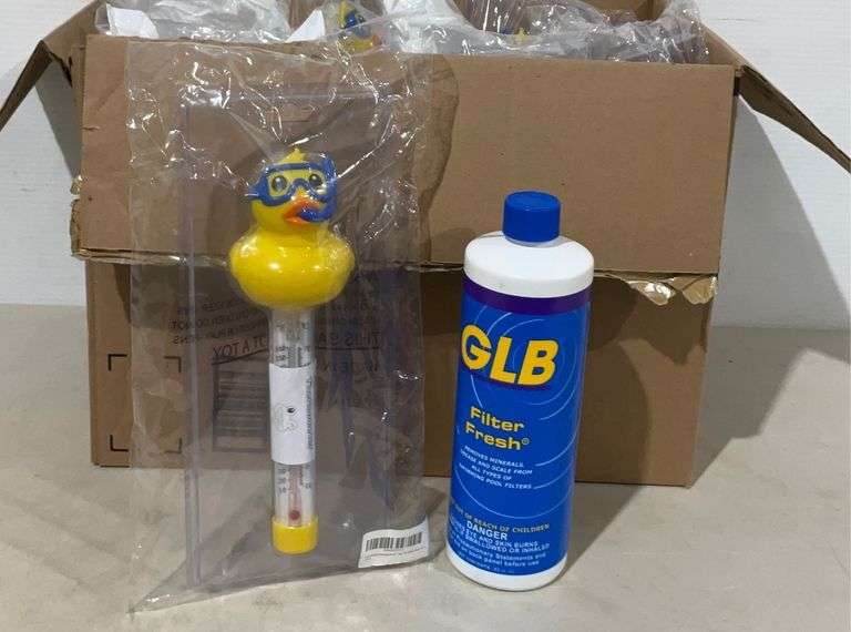 Box of new products, GLB filter fresh pool filter cleaner and rubber ...