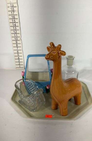 Ceramic basket planter, glass Pyrex decanter, ceramic giraffe coin bank ...