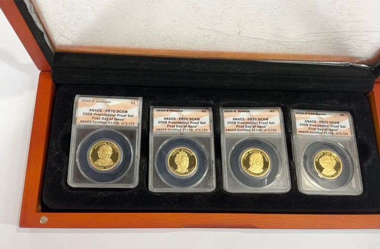 Coin display with four ANACS certified 2008 S presidential proof set ...