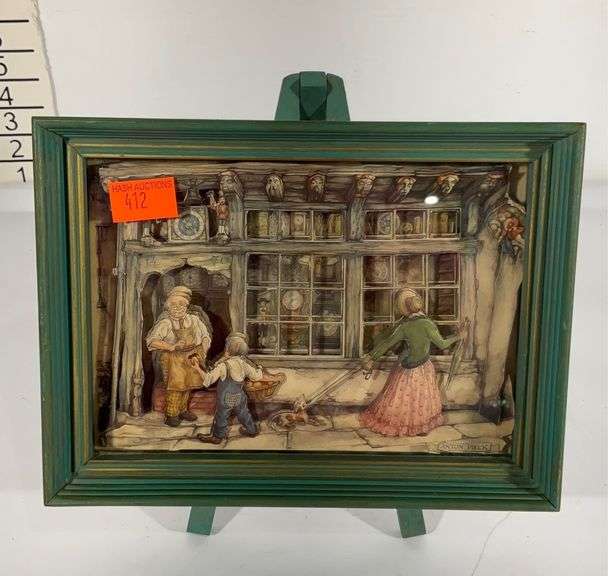 Anton Pieck 3D shadow box “Clock Shop” with stand, 8”x10” - Hash Auctions