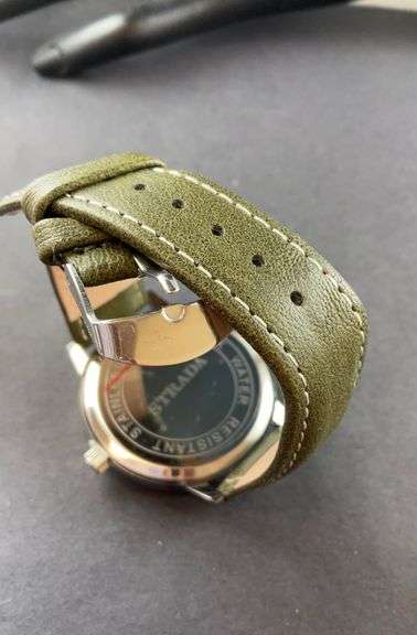 Strada / Genoa Japanese movement silvertone watch with dark olive green ...
