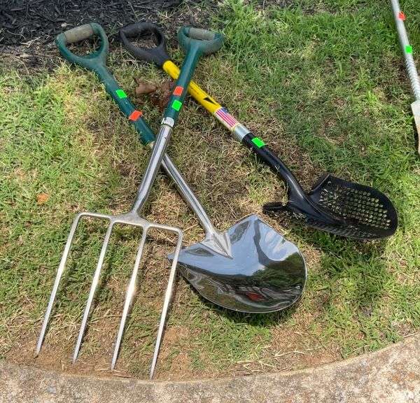 Three fancy Tools, two Shovels T Handle, one mesh one stainless, other ...