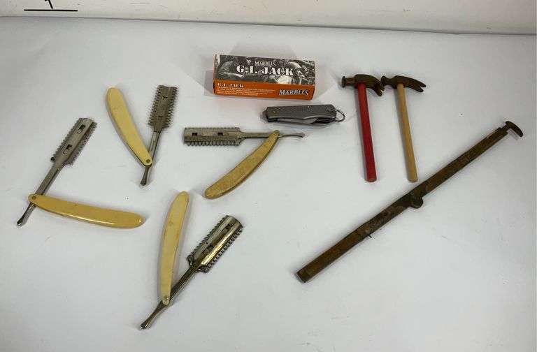 Four straight razors, G.I. Jack pocket knife, folding ruler, and two ...