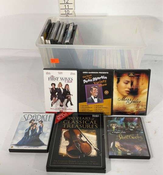 Tote of DVDs, includes Miss Julie, workout DVDs, classical treasures ...