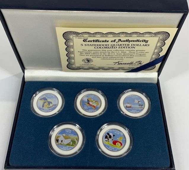 Five statehood quarters dollars special edition colorized with COA ...