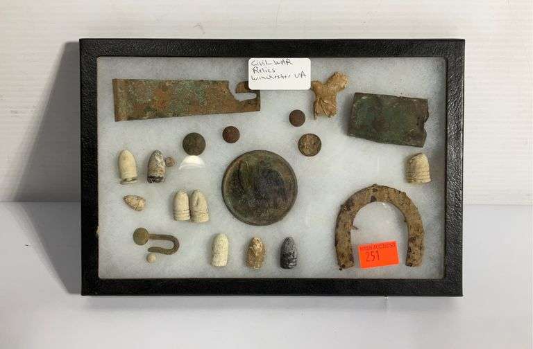 Display case with dig Civil War relics from Winchester VA - Hash Auctions