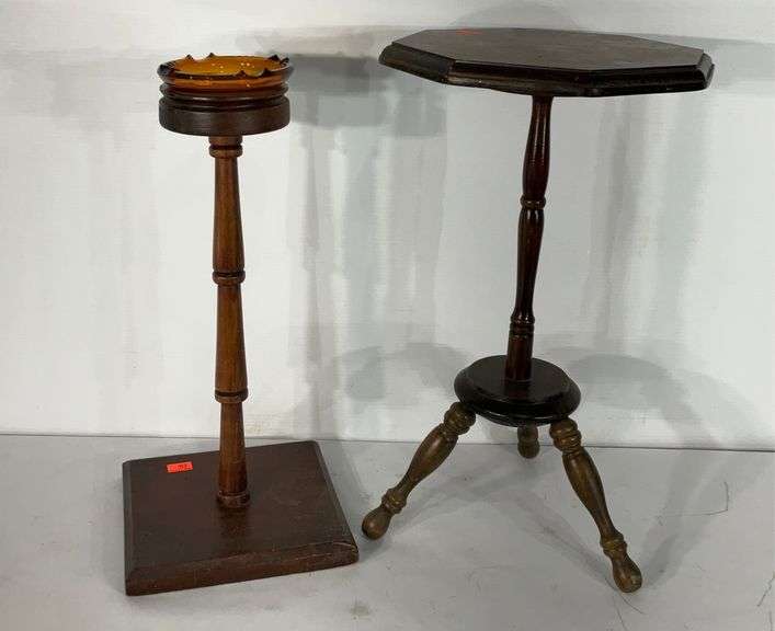 Antique wooden ashtray stand with amber glass tray, and 3-legged side ...