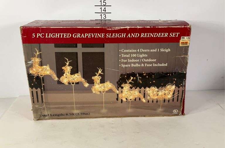 5 piece lighted grapevine sleigh and reindeer set. - Hash Auctions