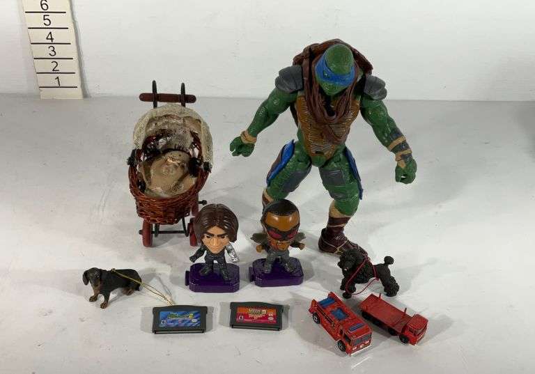 Toys, includes teenage mutant ninja turtle, doll in stroller, cars ...