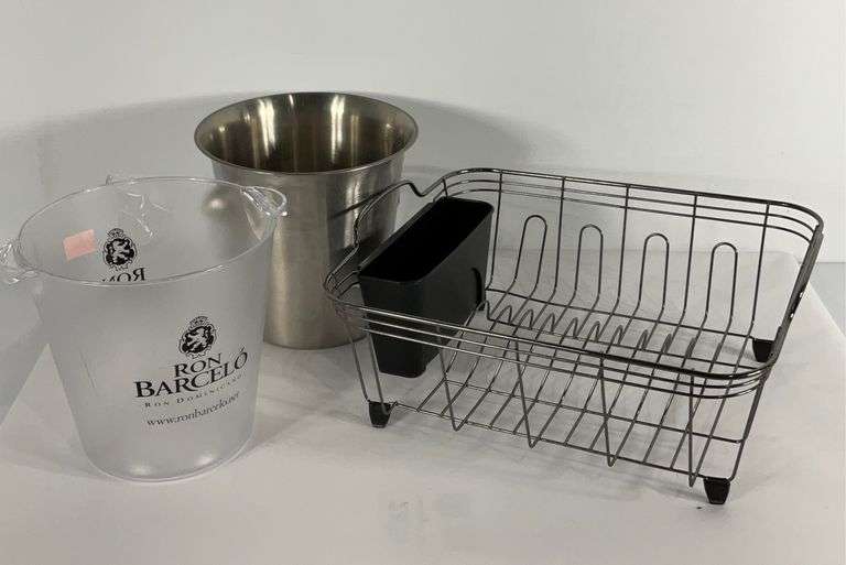 Two wine/ice buckets and a dish drying rack. Seller code IK - Hash Auctions