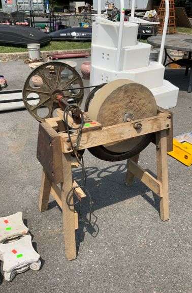 Big Grinding stone wheel, on stand and electric motor belt driven ...