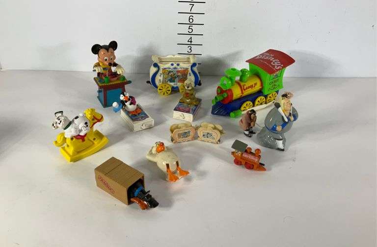 Vintage box of miscellaneous toys. Featuring Mickey Mouse wind up toy ...